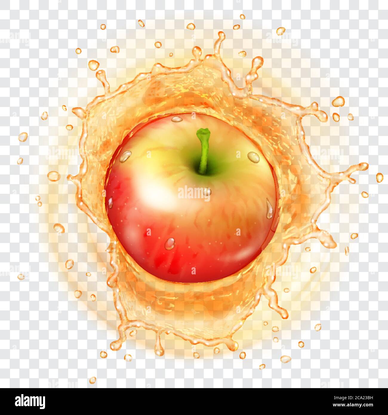 Red apple falling into yellow juice with translucent splash of water ...