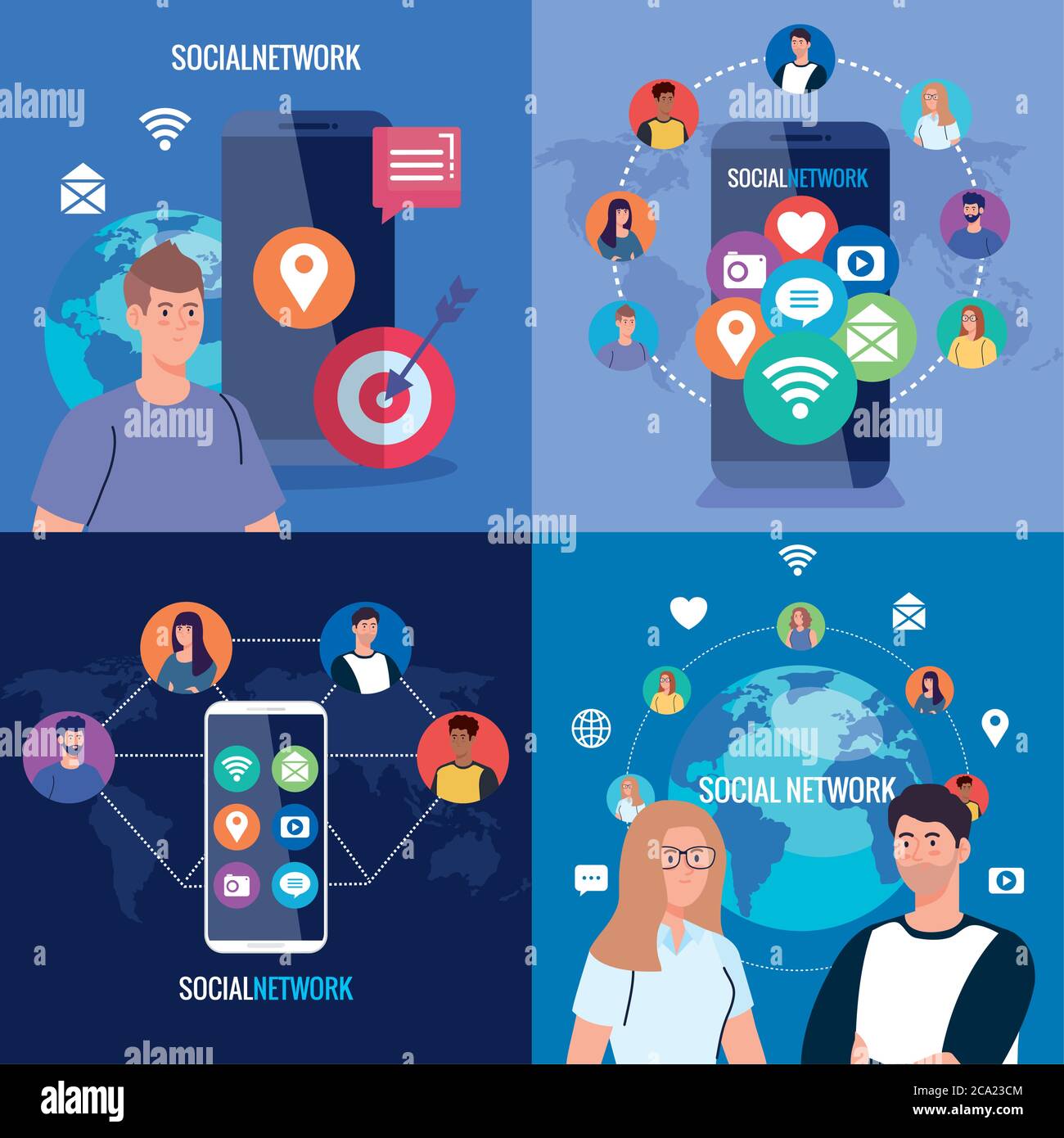 set posters of social network, people connected digitally, interactive ...