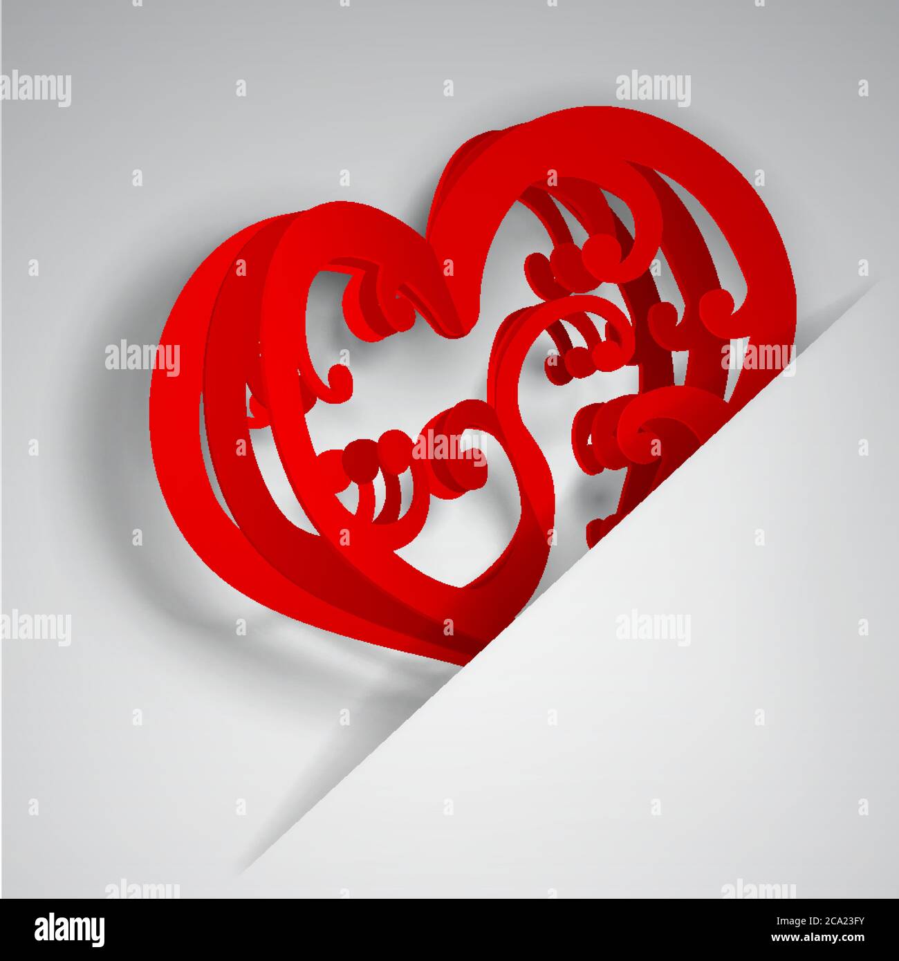 Big red heart with curls inserted into a cutout in a sheet of white ...