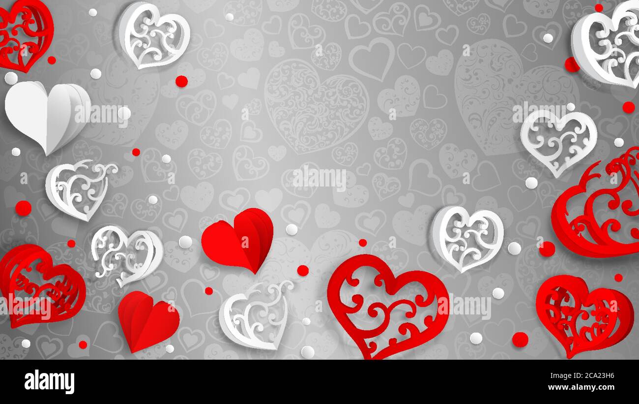 Background with paper volume hearts with curls and confetti, red and ...