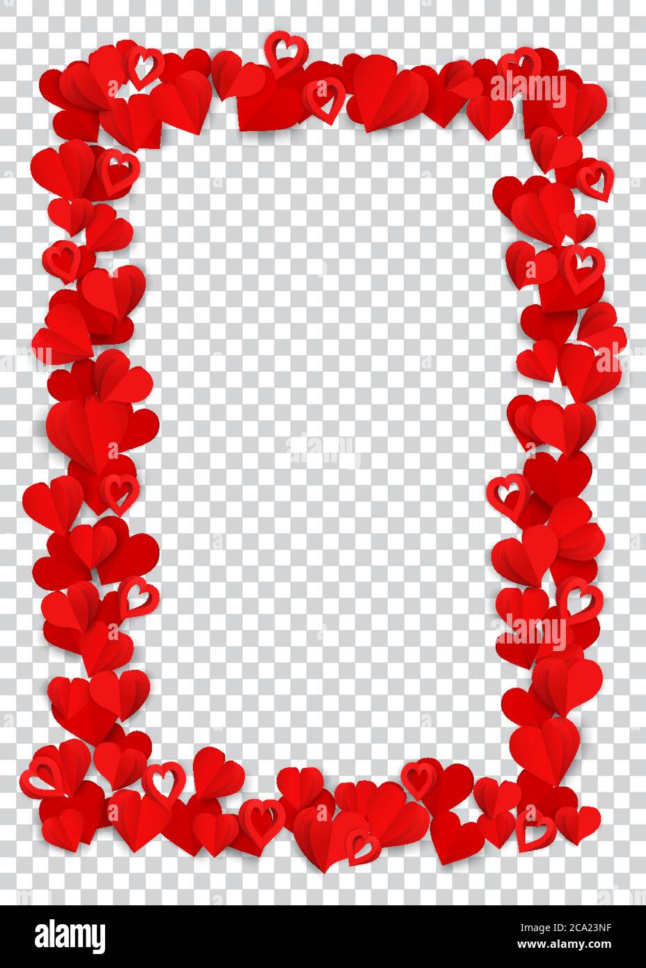 Vertical rectangle frame consisting of many small red paper hearts on ...