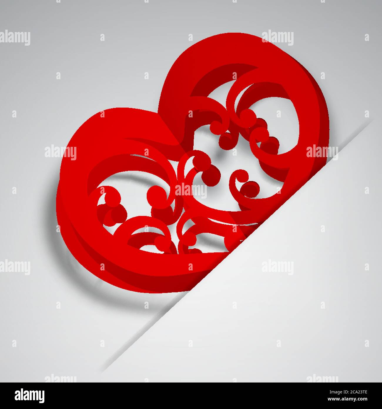 Big red heart with curls inserted into a cutout in a sheet of white ...