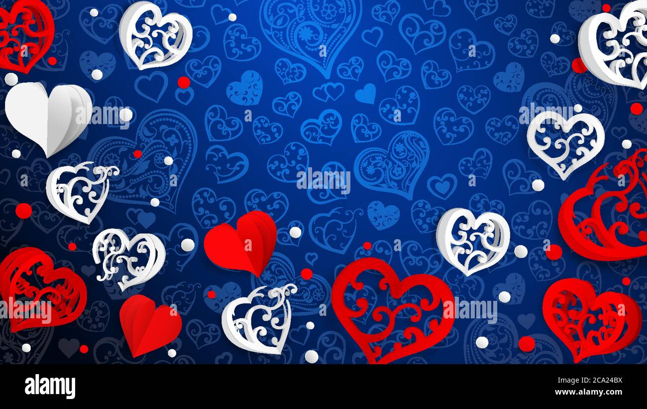 Background with paper volume hearts with curls and confetti, red and ...