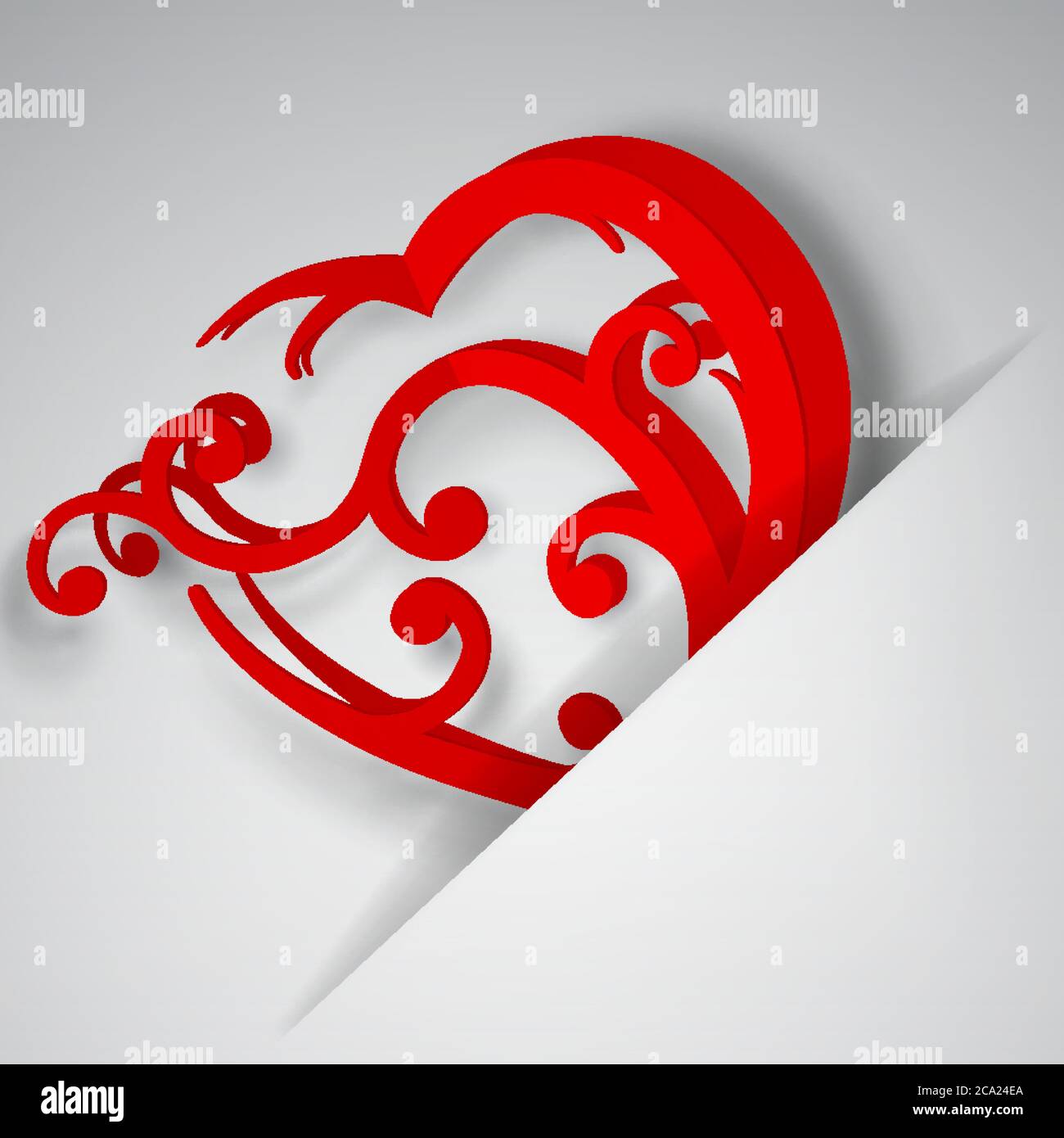 Big red heart with curls inserted into a cutout in a sheet of white ...