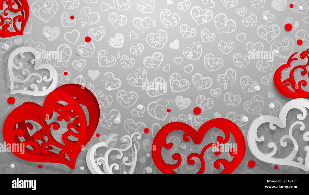 Background with paper volume hearts with curls and confetti, red and ...