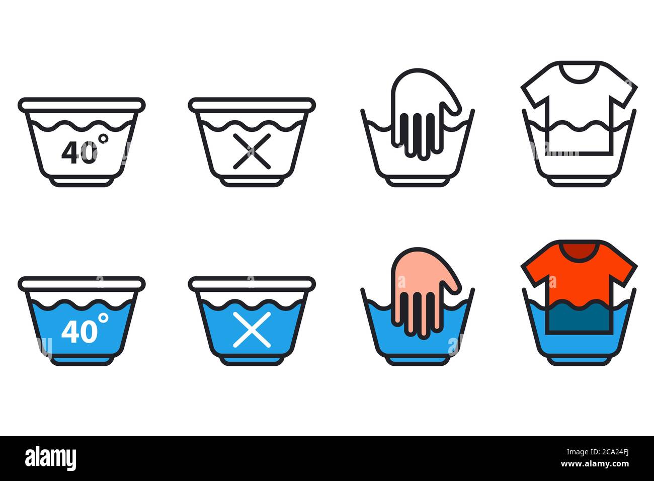 Set of icons for hand washing clothes in the basin. Flat vector ...