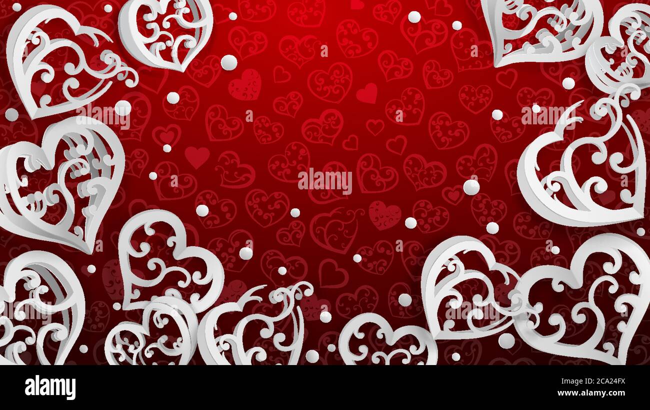 Background with paper volume hearts with curls and confetti, white on ...