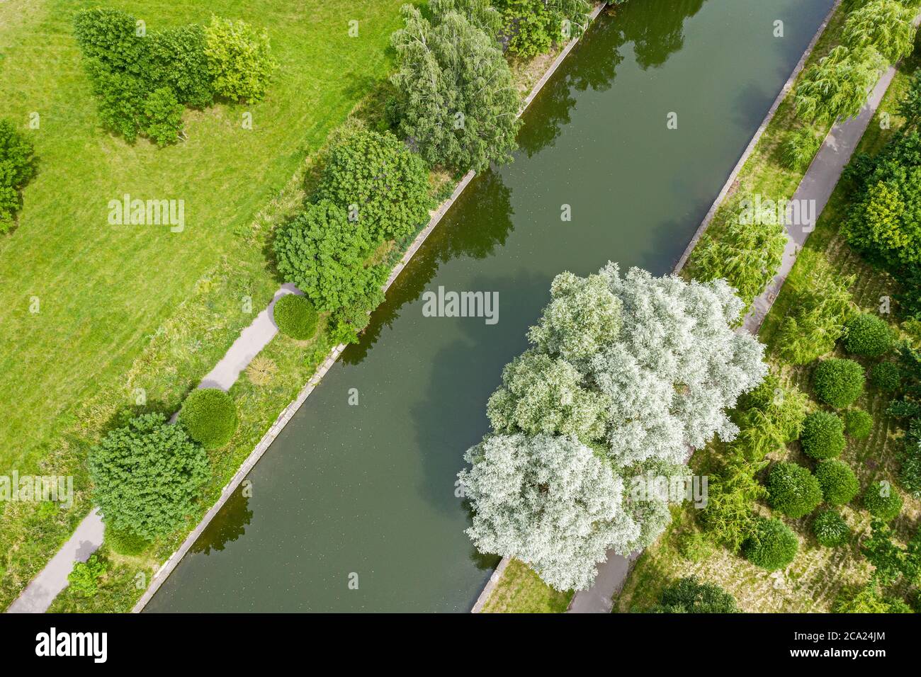 summer park landscape aerial top view with green trees, lawn and water ...