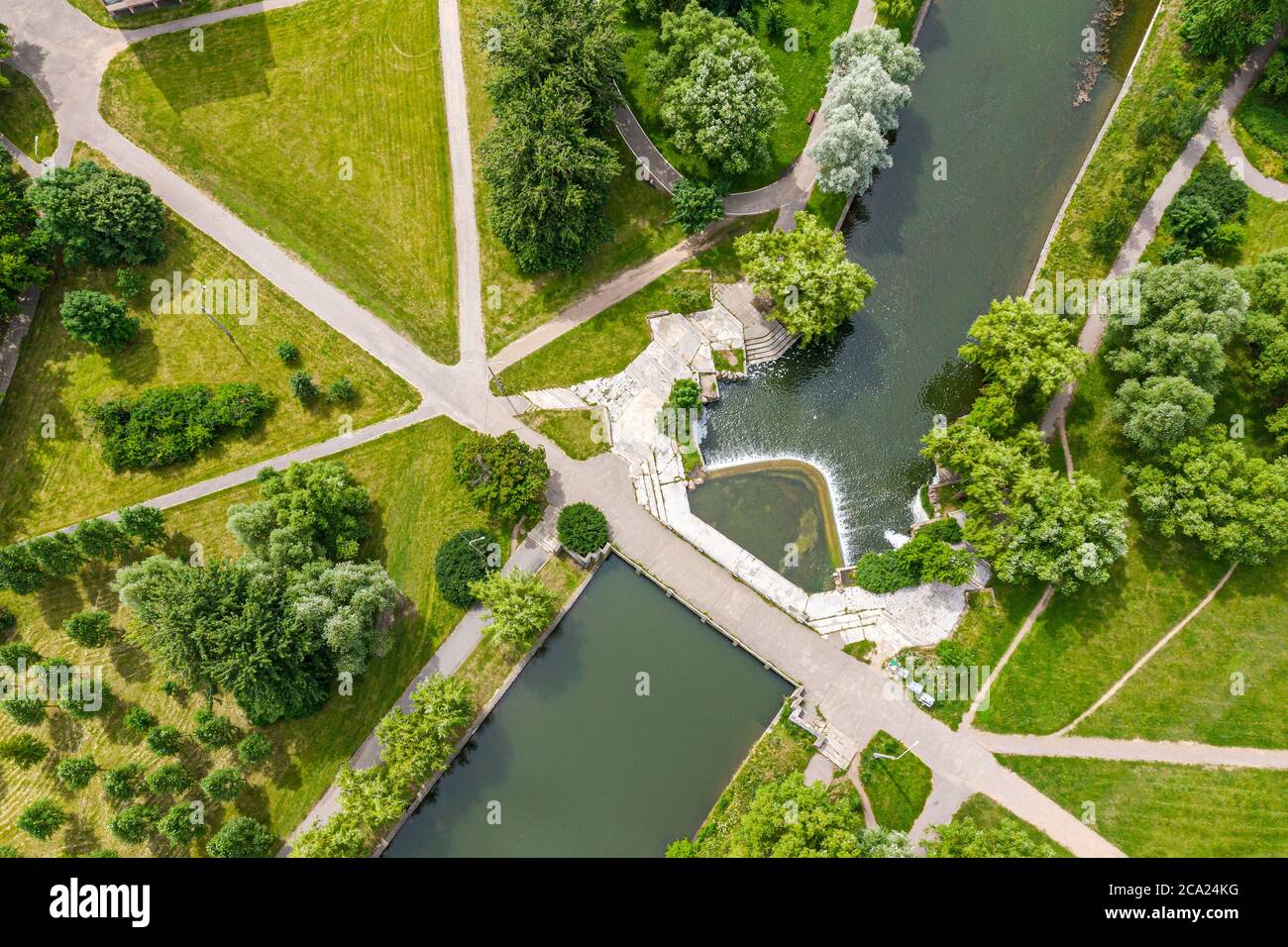 walking paths near water canal in residential district. aerial top view ...