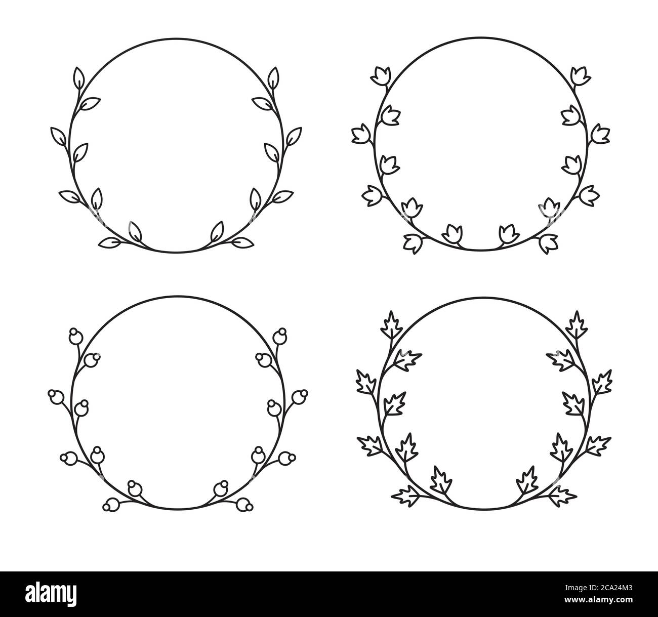 Vector vintage circle wreaths in mono line style. Collection of four ...