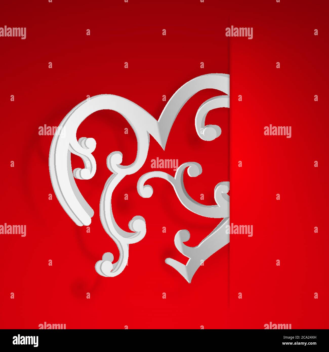 Big white heart with curls inserted into a cutout in a sheet of red ...