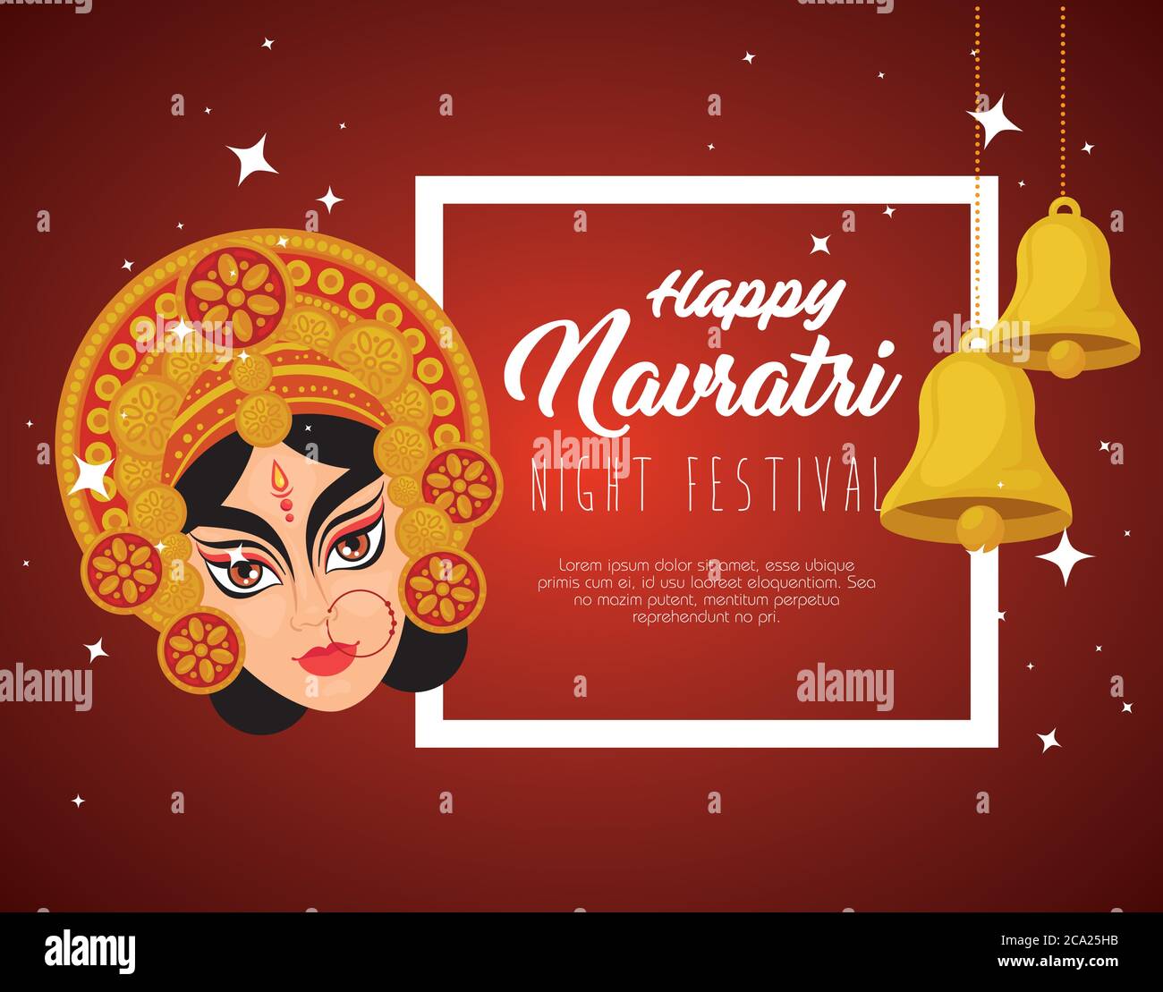 happy navratri celebration poster with durga face and bells hanging ...