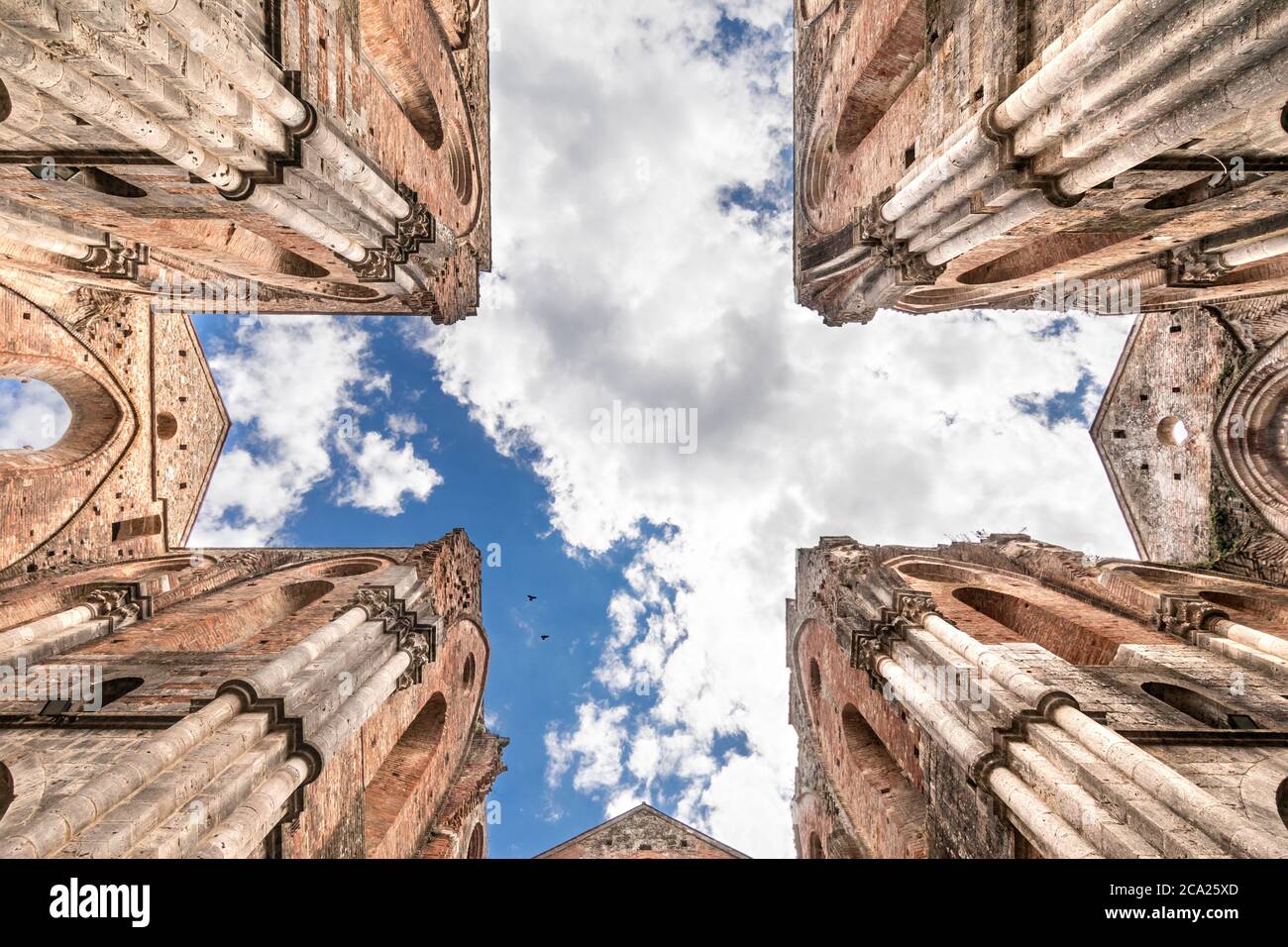 Symmetrical view of the cross shaped transept of an old abandoned ...