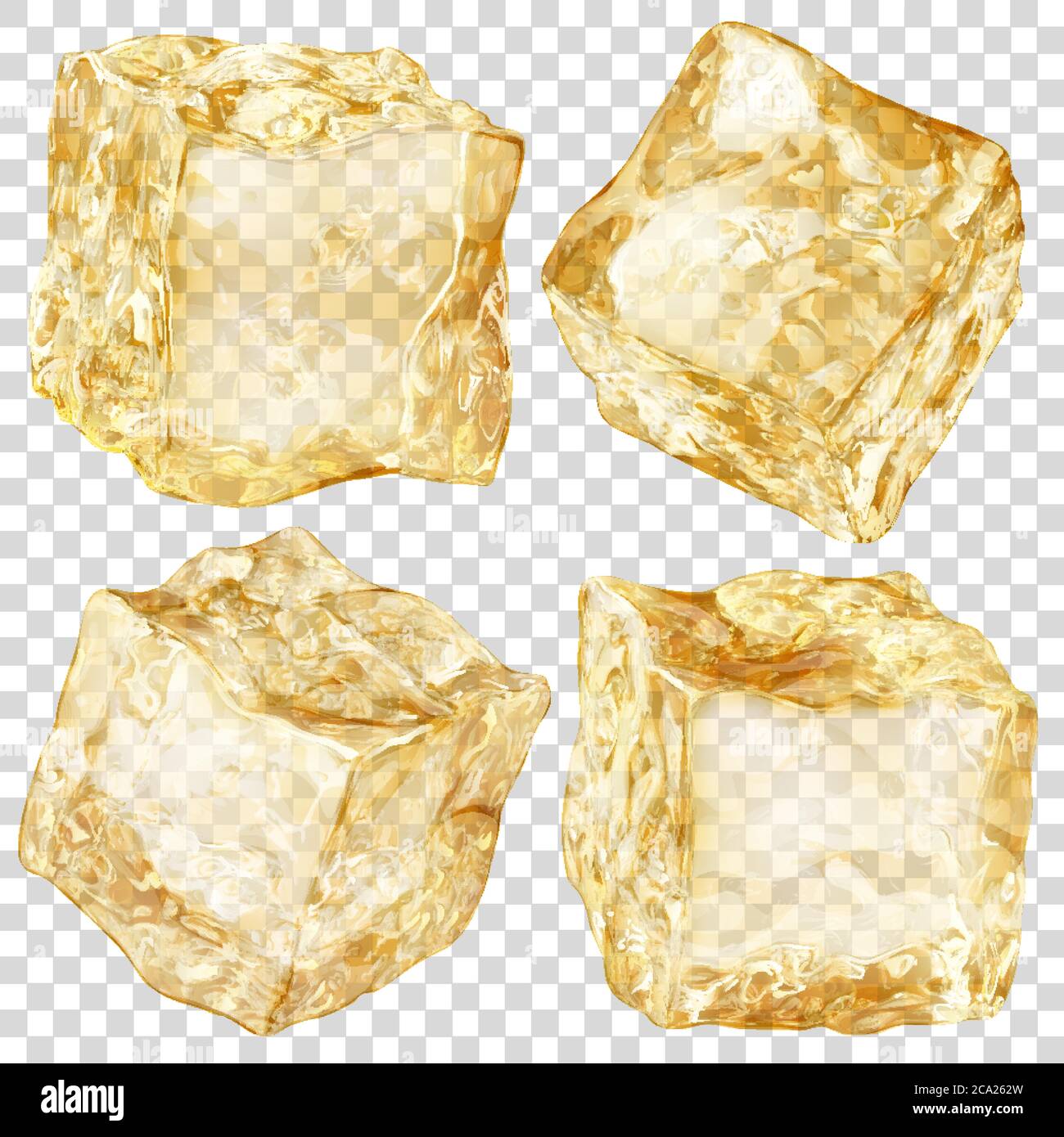 Set of four realistic translucent ice cubes in golden color isolated on ...