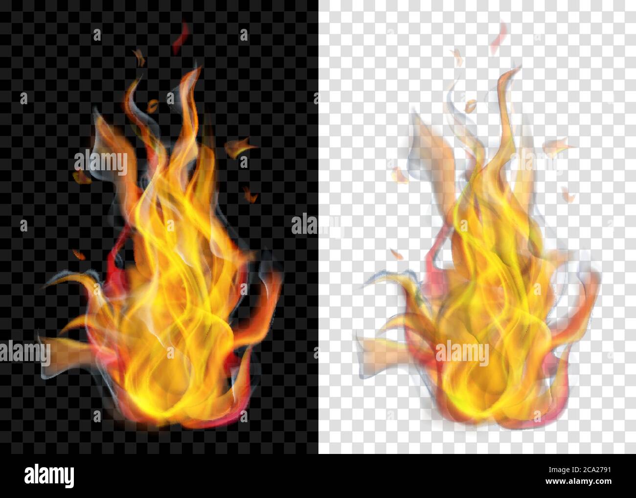 Two translucent burning campfires with smoke on transparent background ...