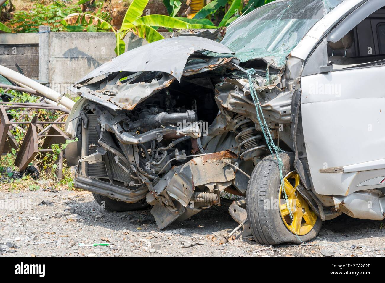 Broken white car because of the crash accident on the lawn Stock Photo ...