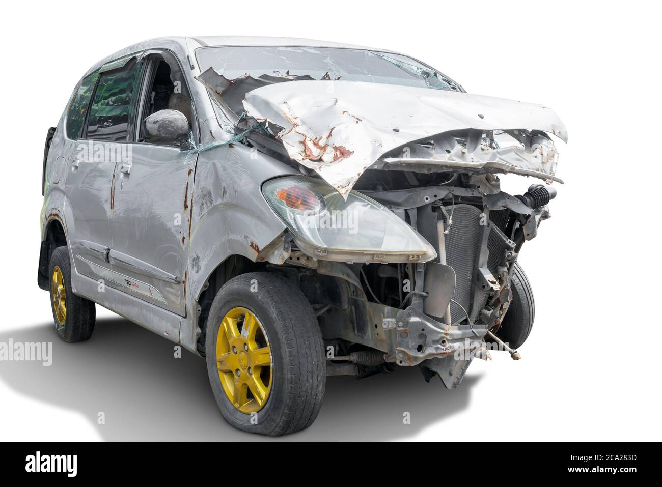 Broken white car because of the crash accident isolated over white ...