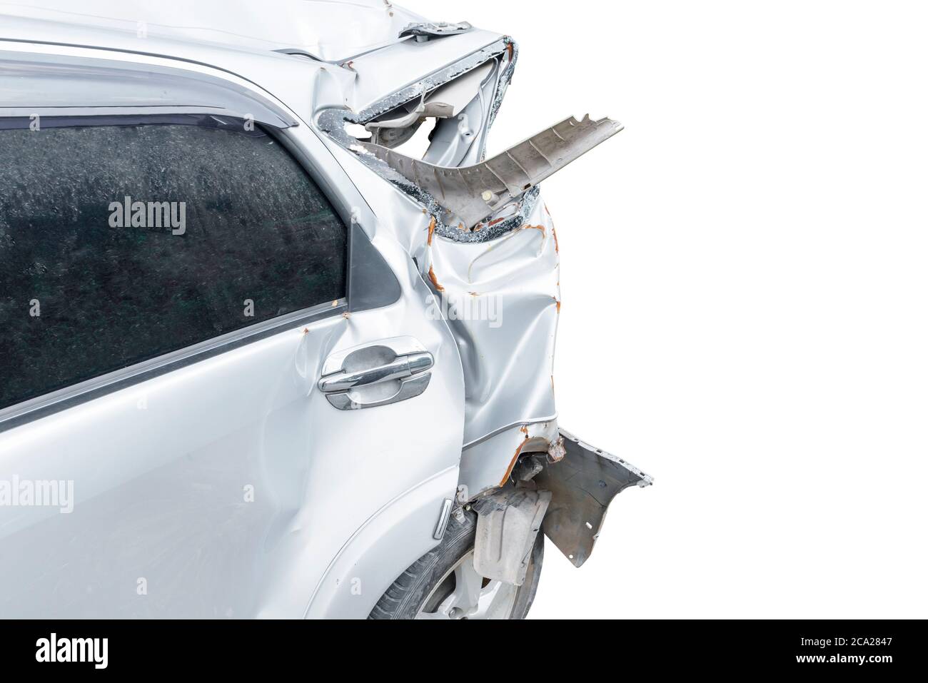 Broken white car because of the crash accident isolated over white ...