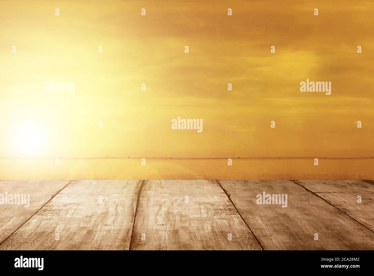Wooden table on the beach with a sunset sky background Stock Photo - Alamy