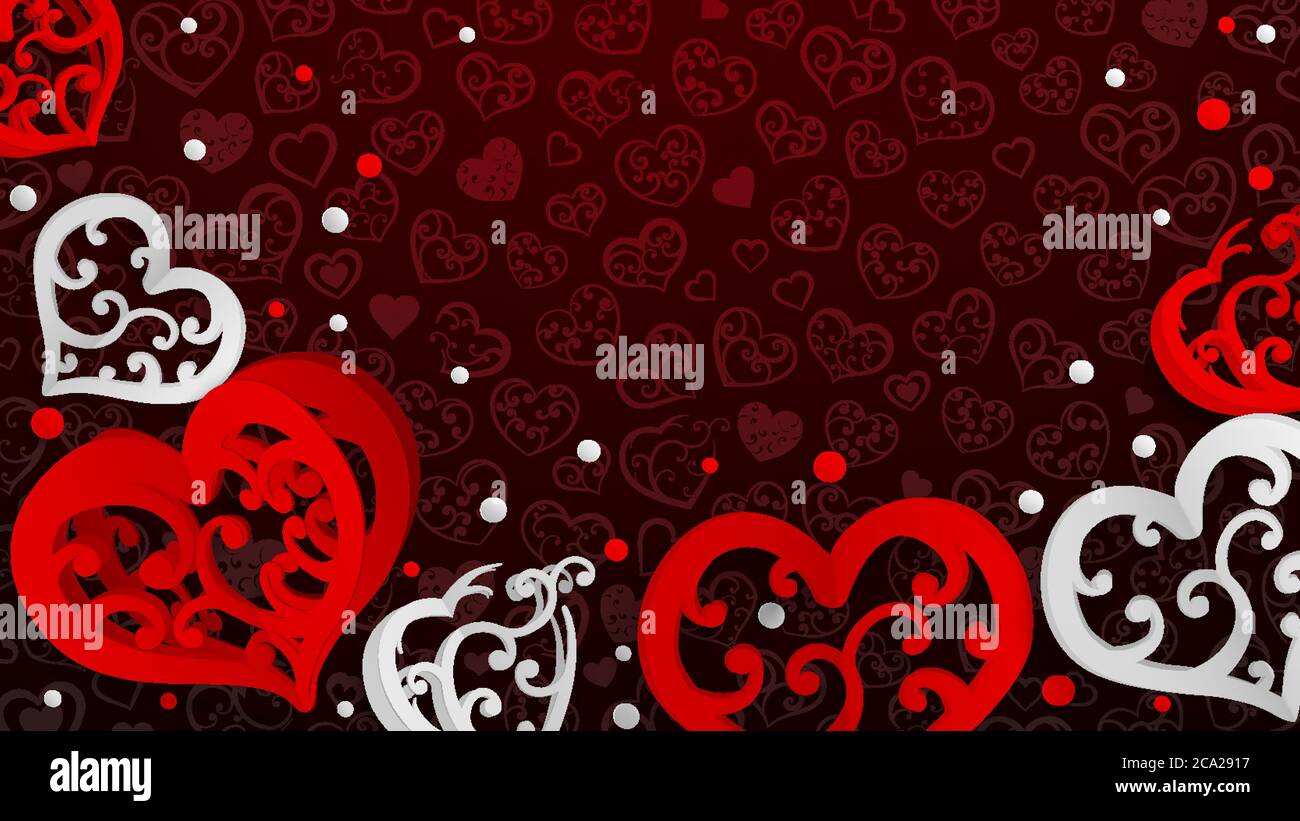 Background with paper volume hearts with curls and confetti, red and ...
