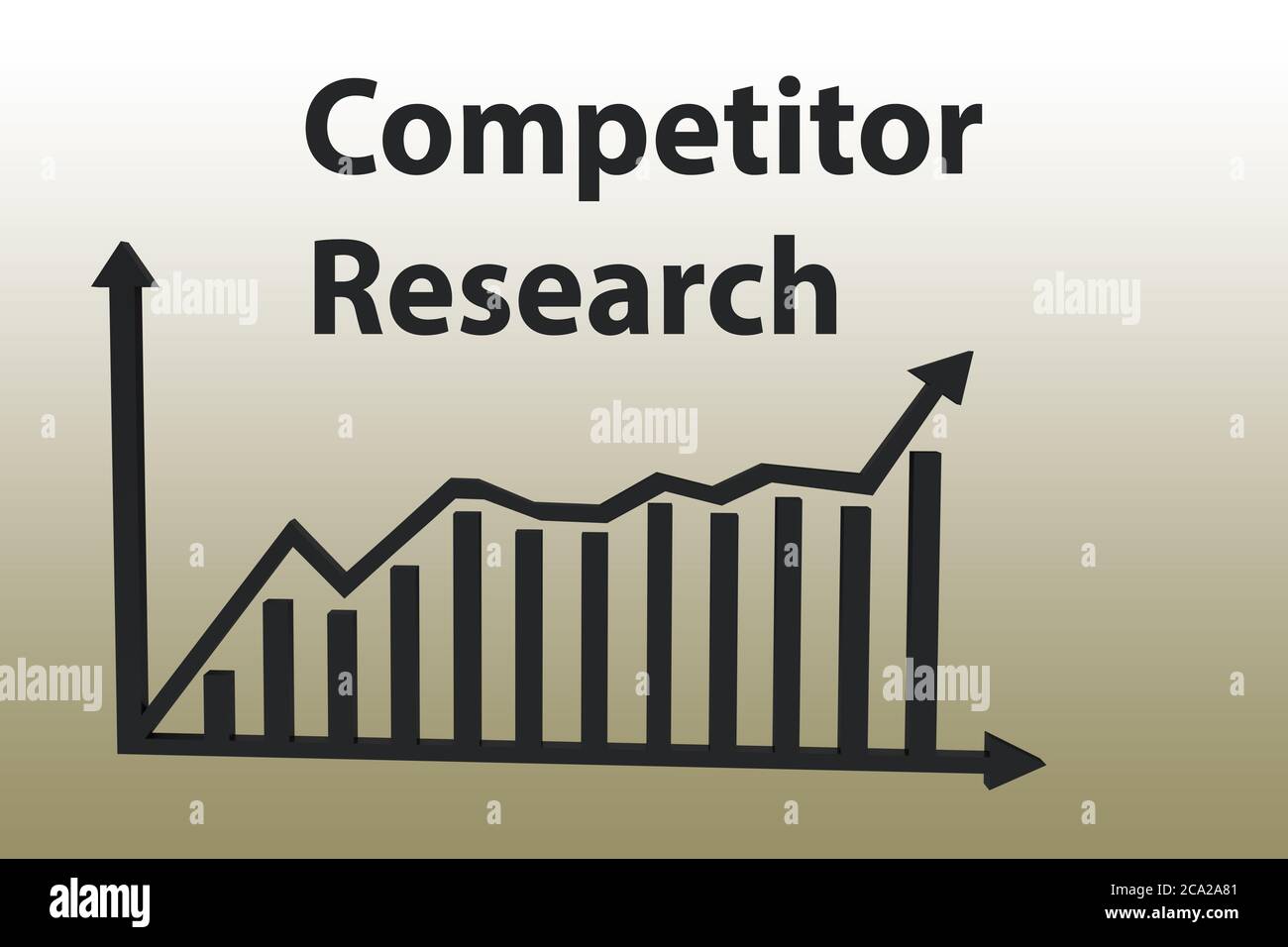 3D illustration of Competitor Research title above a column bar graph ...