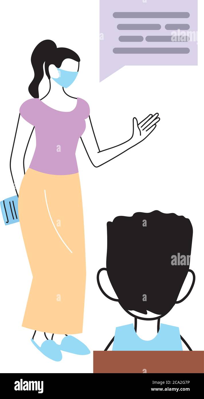 teacher and student in classroom wearing face mask vector illsutration ...