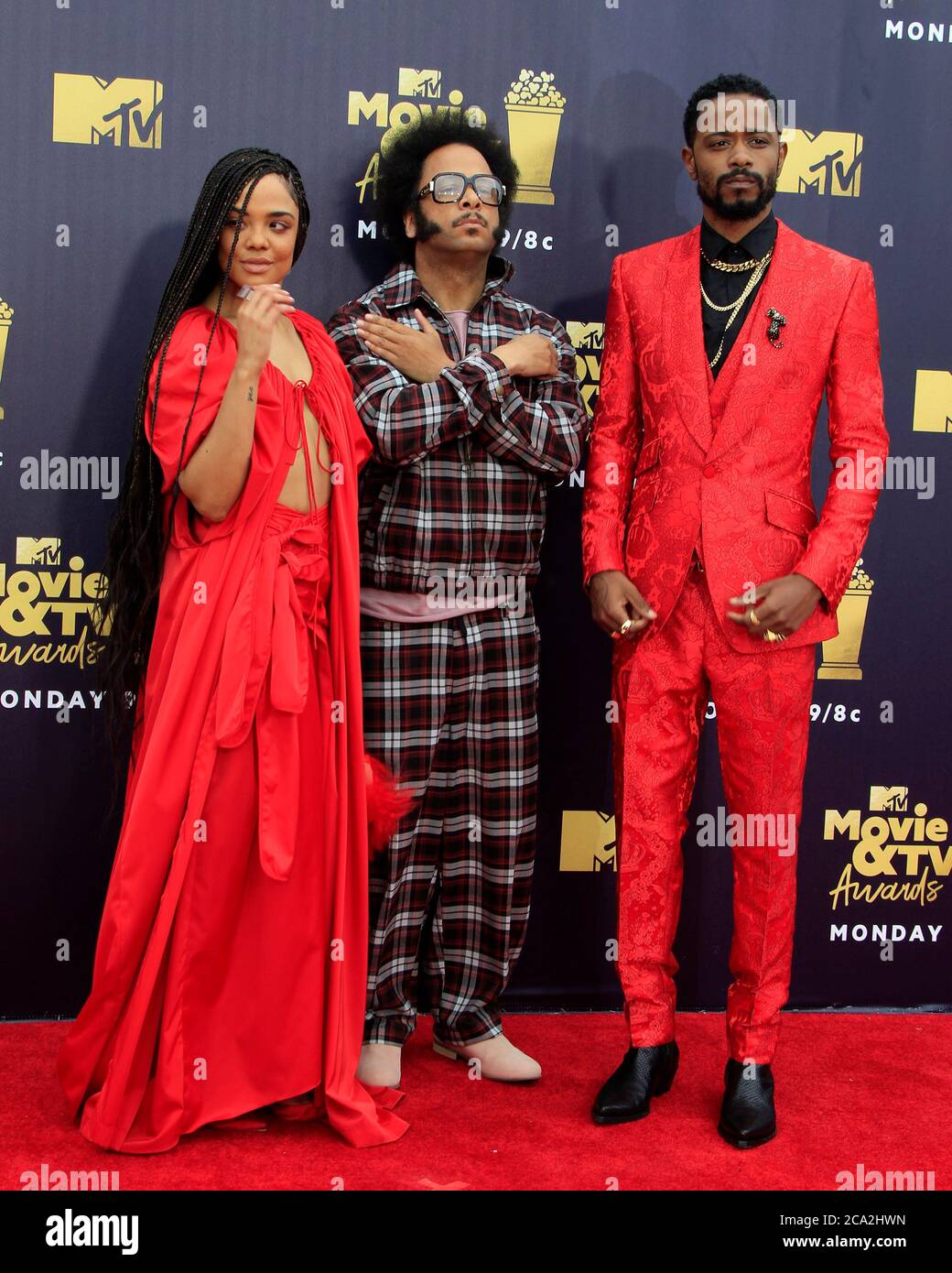 LOS ANGELES - JUN 16: Tessa Thompson, Boots Riley, Lakeith Stanfield at ...