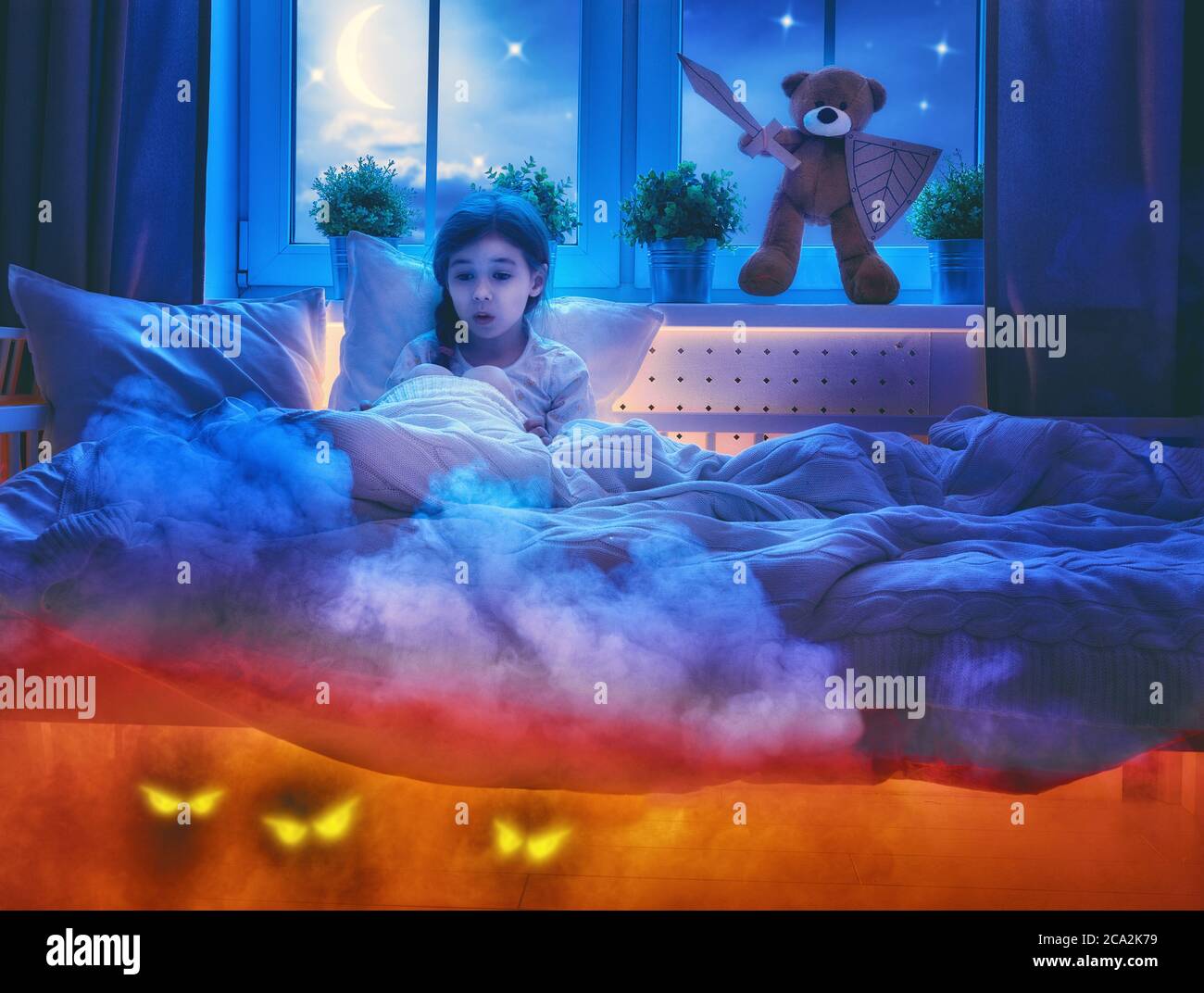 Nightmare for children. Little child girl is afraid of monsters in the ...
