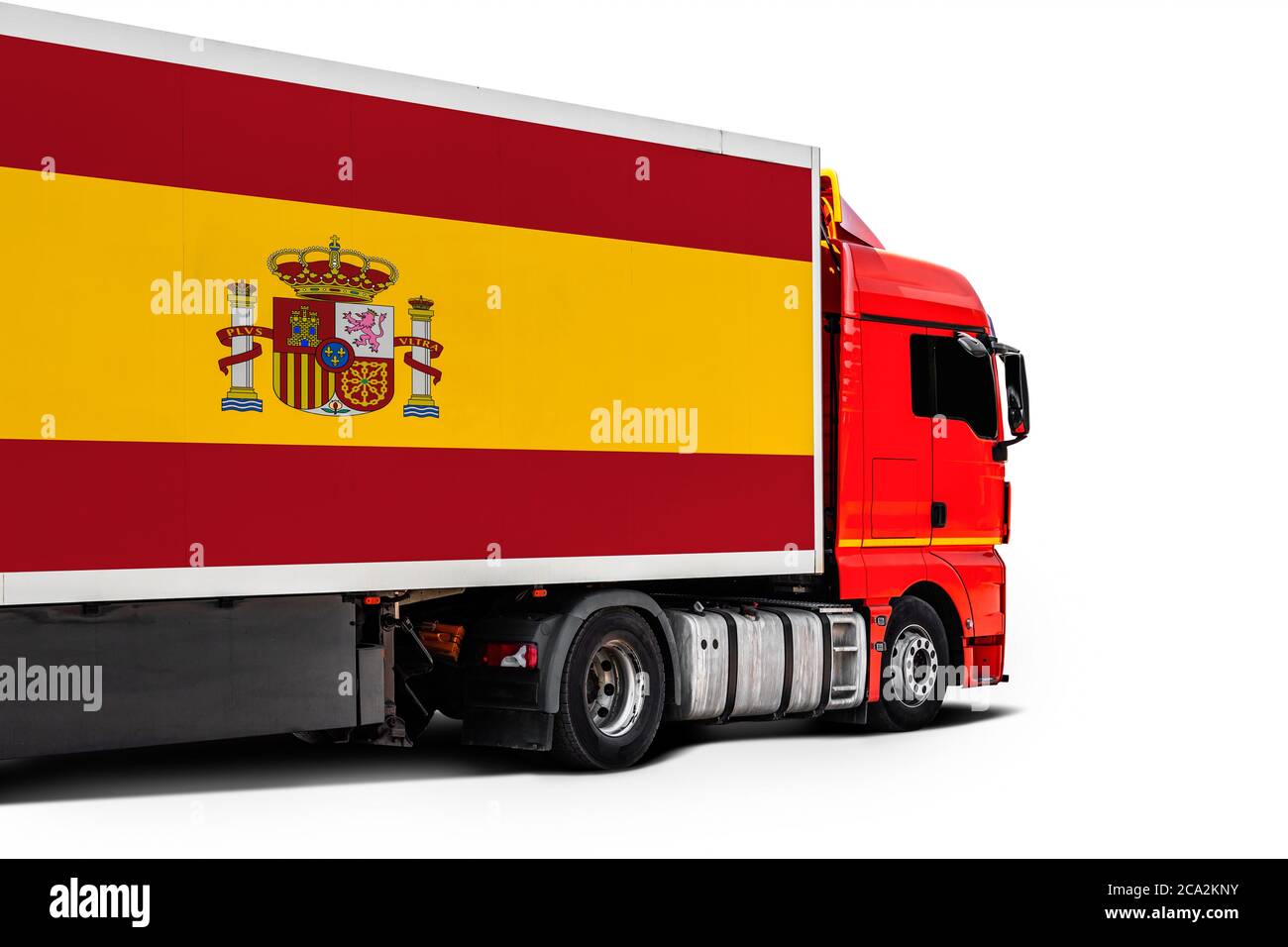 Big truck with the national flag of Spain on white isolated background ...