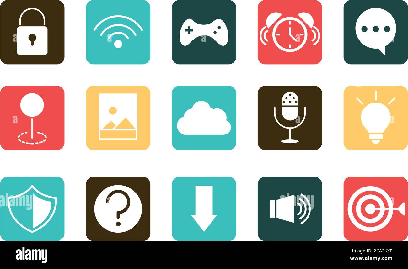 Mobile Application Wifi Game Clock Sms Support Web Button Menu Digital Flat Style Icons Set