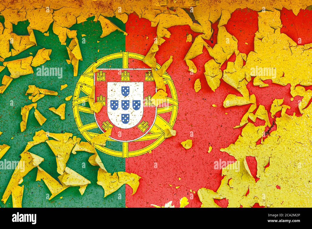 The national flag of Portugal is painted on an old metal wall with ...