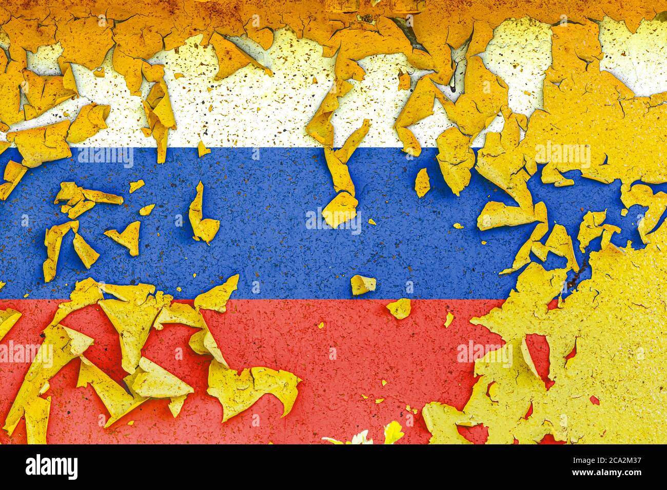 The national flag of Russia is painted on an old metal wall with ragged ...