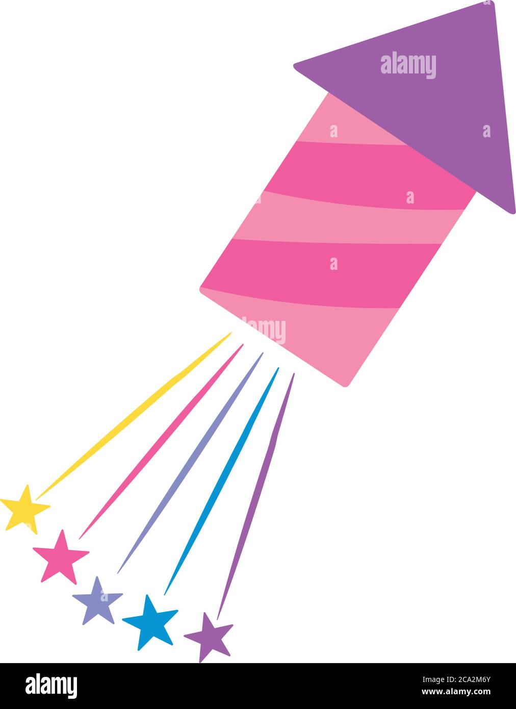 firework rocket and stars burst over white background, flat style ...