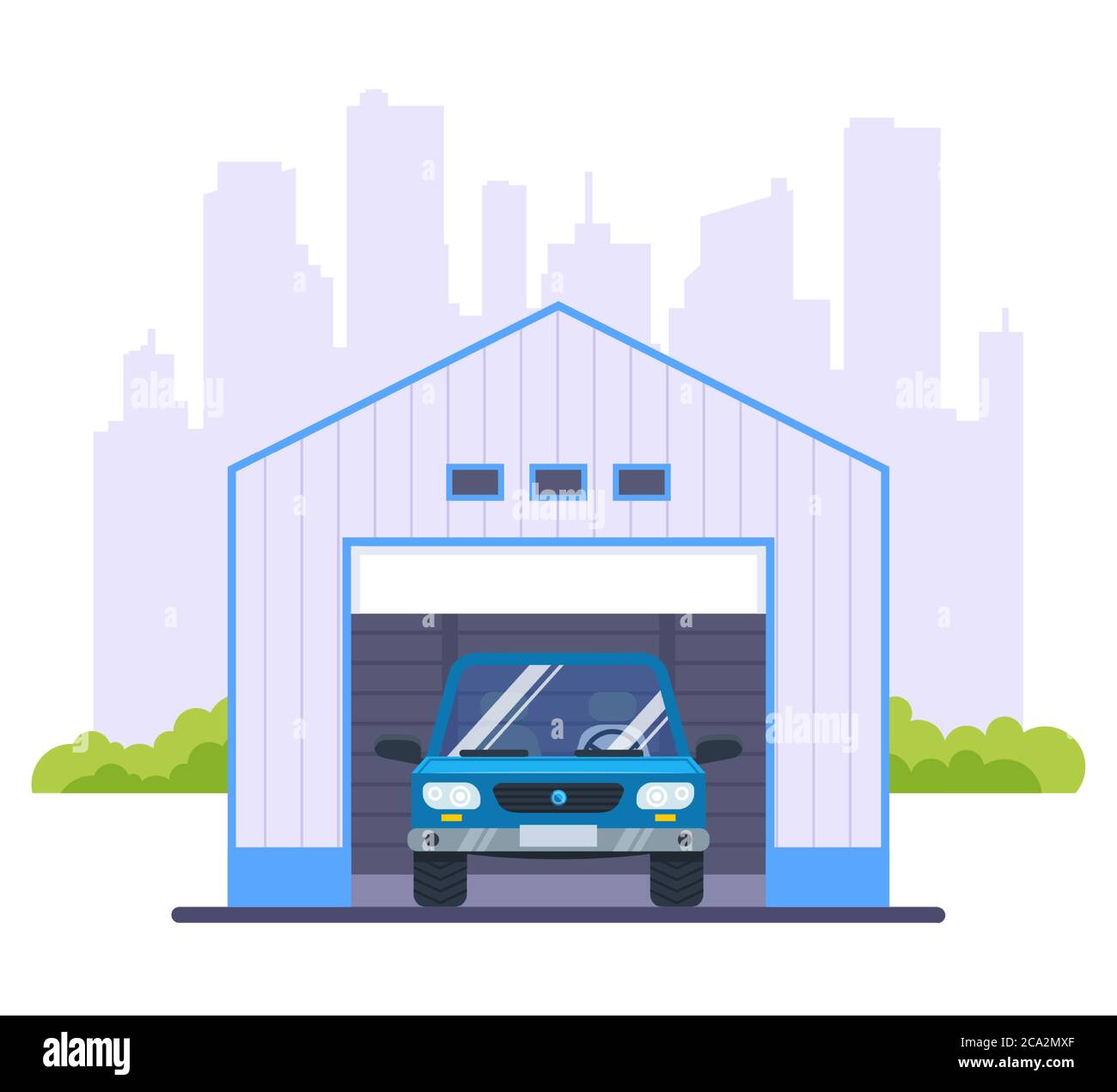 garage for a car against the backdrop of the city. flat vector ...