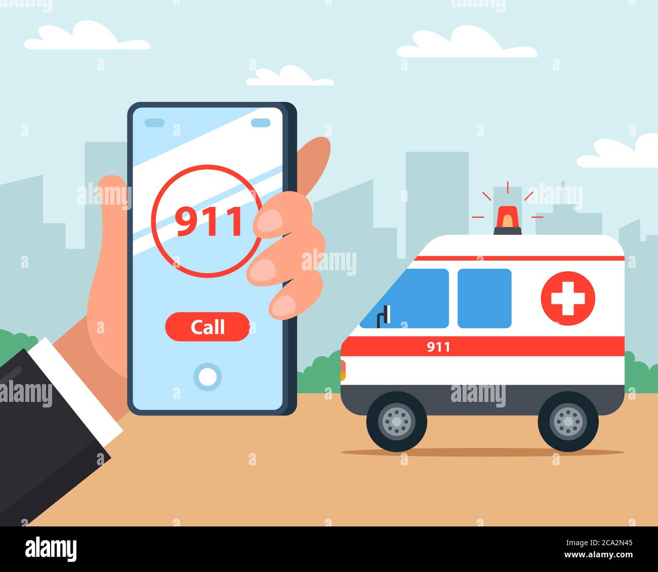 Call an ambulance on your mobile phone. First aid. Flat vector ...