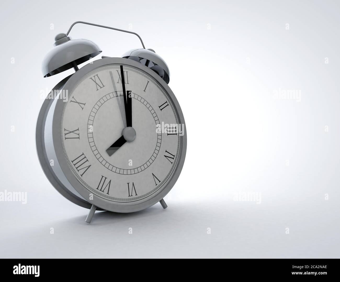 3D rendering. Alarm clock made of white material. The hands show eight ...