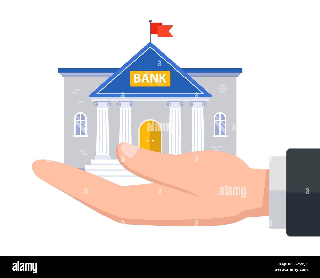 hold the bank building in hand. offer financial services. Flat vector ...