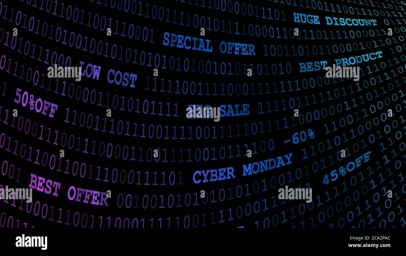 Cyber monday background of zeros, ones and inscriptions in dark blue ...