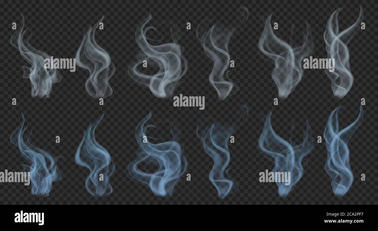 Set of realistic translucent smoke or steam in gray and light blue ...