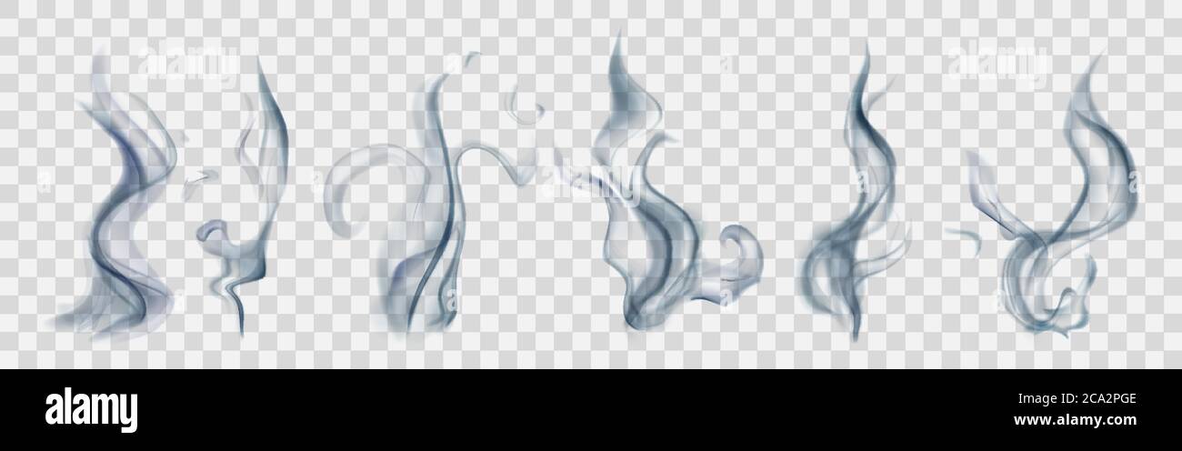 Set of realistic translucent smoke or steam in light blue colors ...