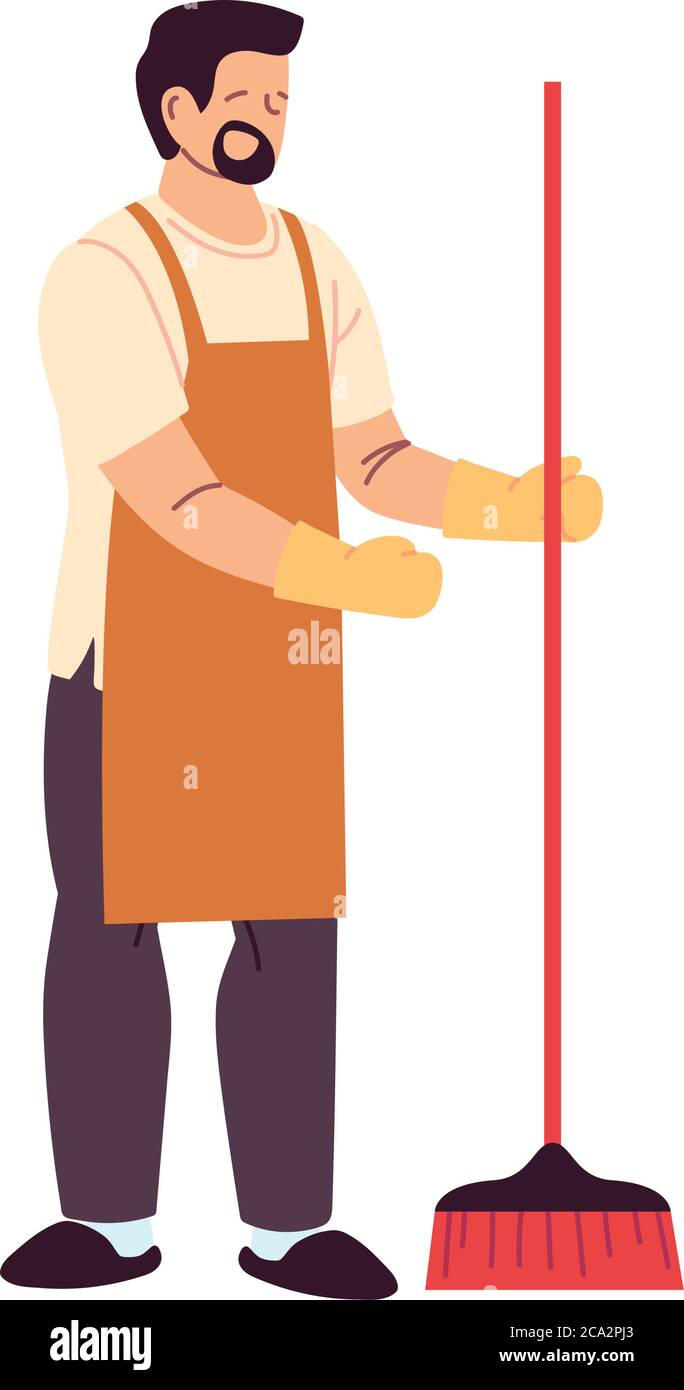 cleaning service man with gloves and cleaning utensils vector ...
