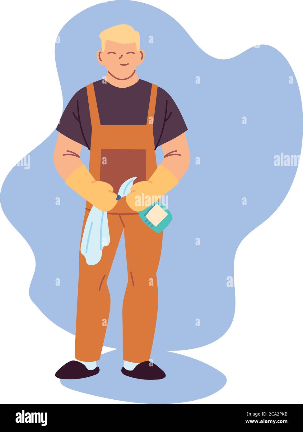 cleaning service man with gloves and cleaning utensils vector ...