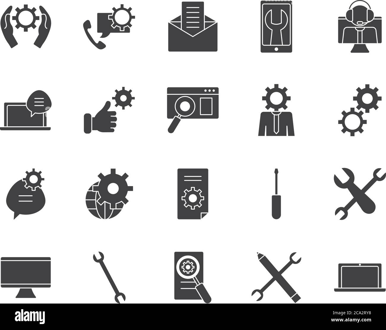 global sphere and technical service icon set over white background ...