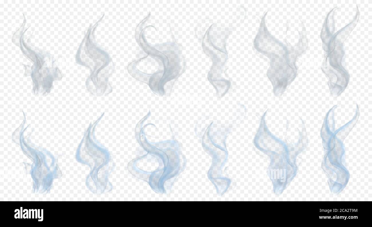 Set of realistic translucent smoke or steam in gray and light blue ...