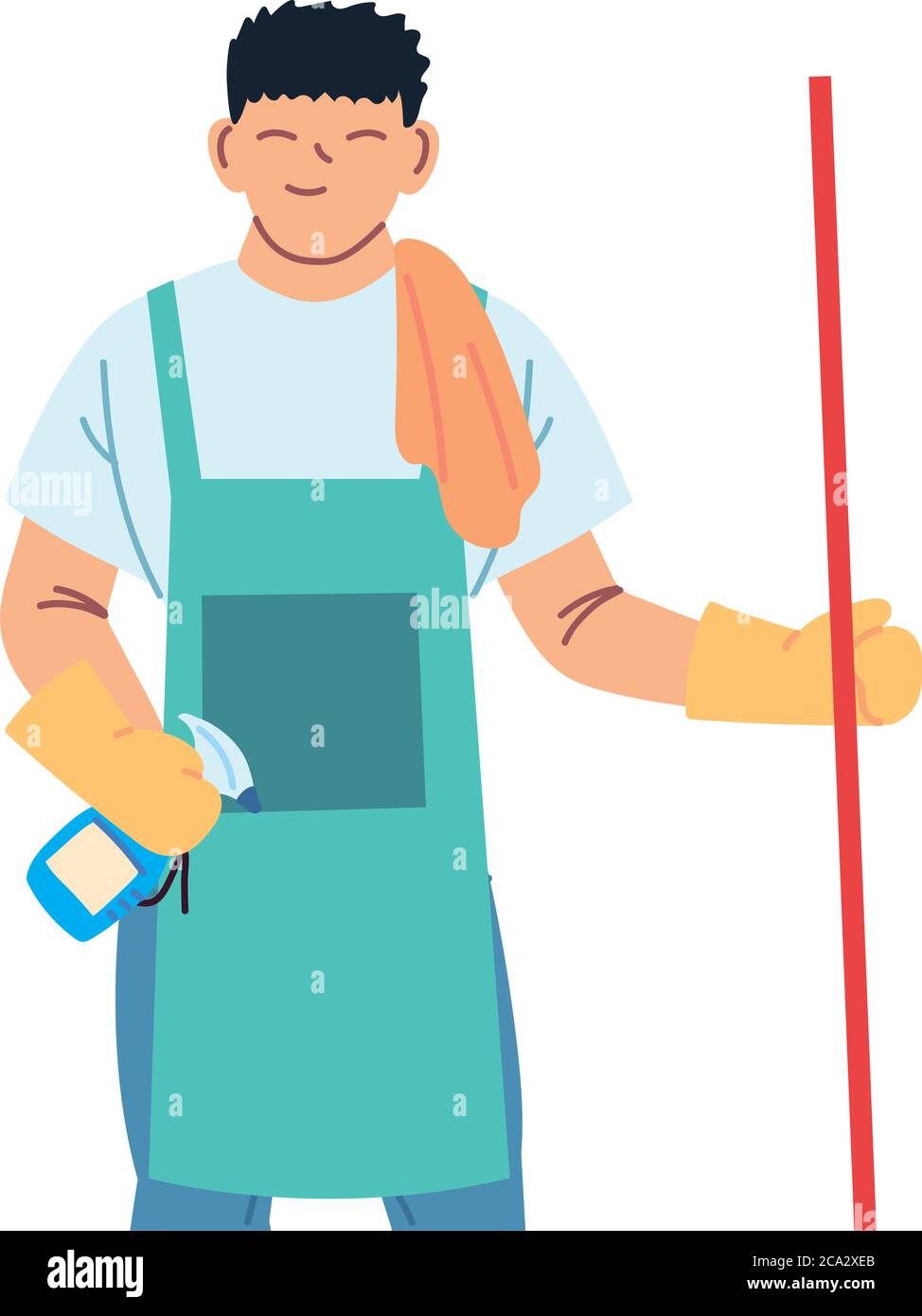 cleaning service man with gloves and cleaning utensils vector ...