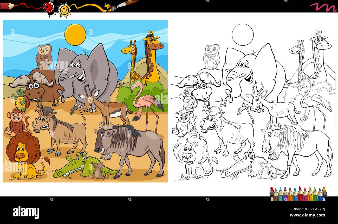 Cartoon Illustration of Wild Animal Characters Big Group Coloring Book ...