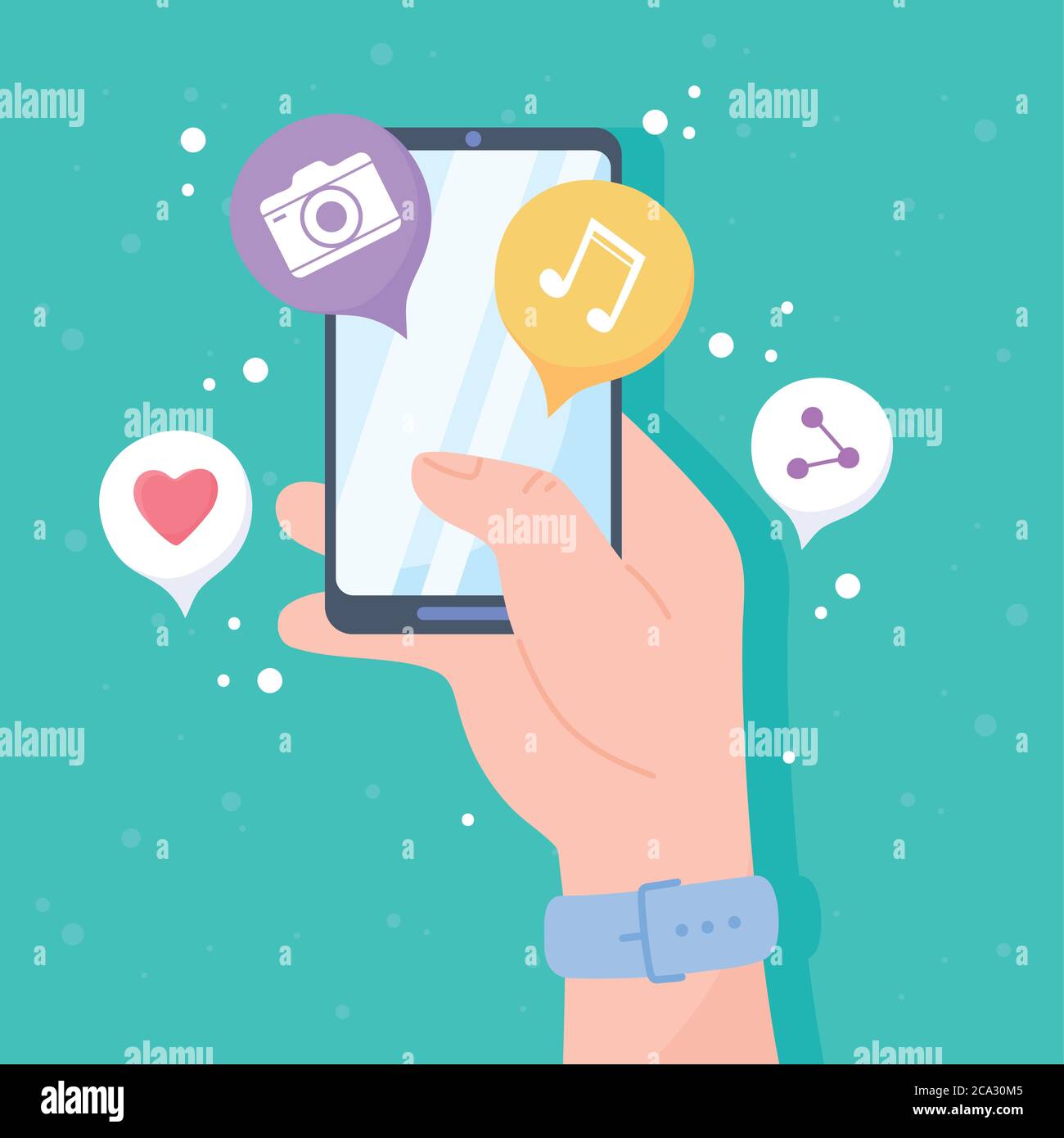 hand with smartphone and apps social network communication system and ...
