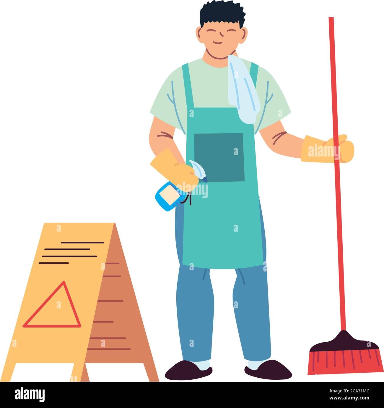 cleaning service man with gloves and cleaning utensils vector ...