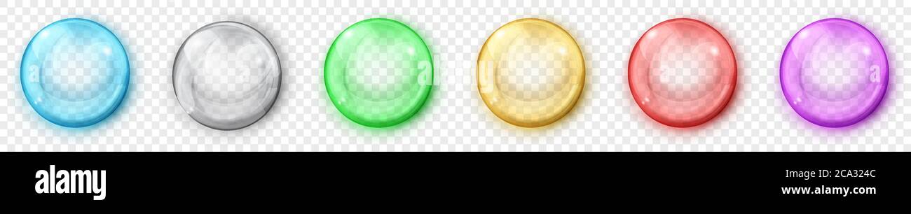 Set of translucent colored spheres with glares and shadows on transparent background ...