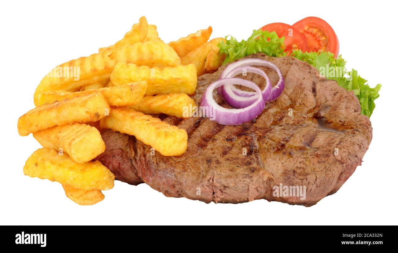 Fried rump beef steak with potato fries meal isolated on a white ...